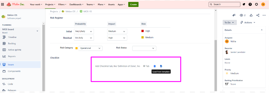 Manually loading checklist from template