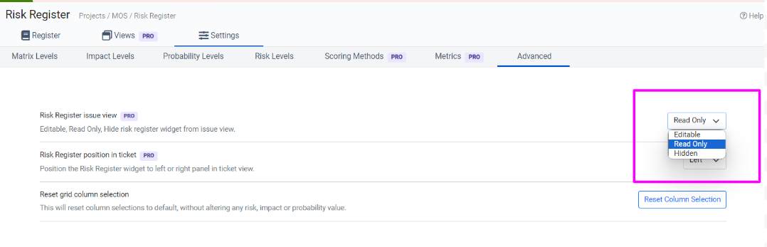 Enable / Disable Risk Register inside Ticket